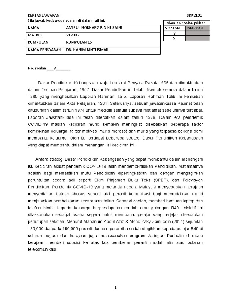 Templat Kertas Jawapan SKP2101 | PDF