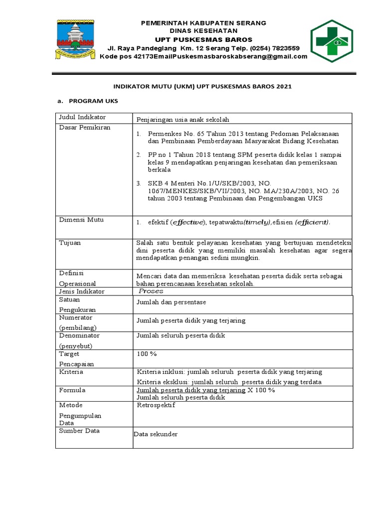 Indikator Mutu Uks | PDF | Pengembangan Diri | Kesehatan Holistik