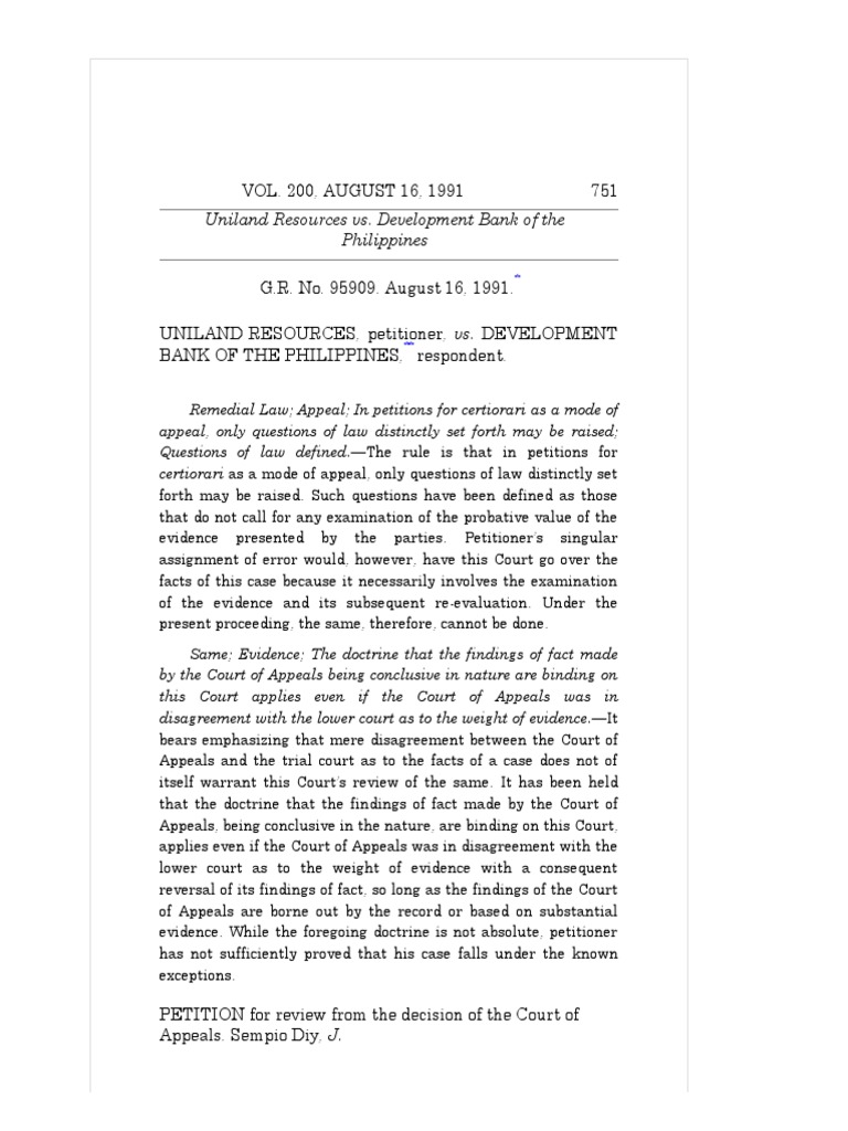 Uniland Resources Vs DBP GR No. 95909 August 16, 1991 | PDF | Appeal ...