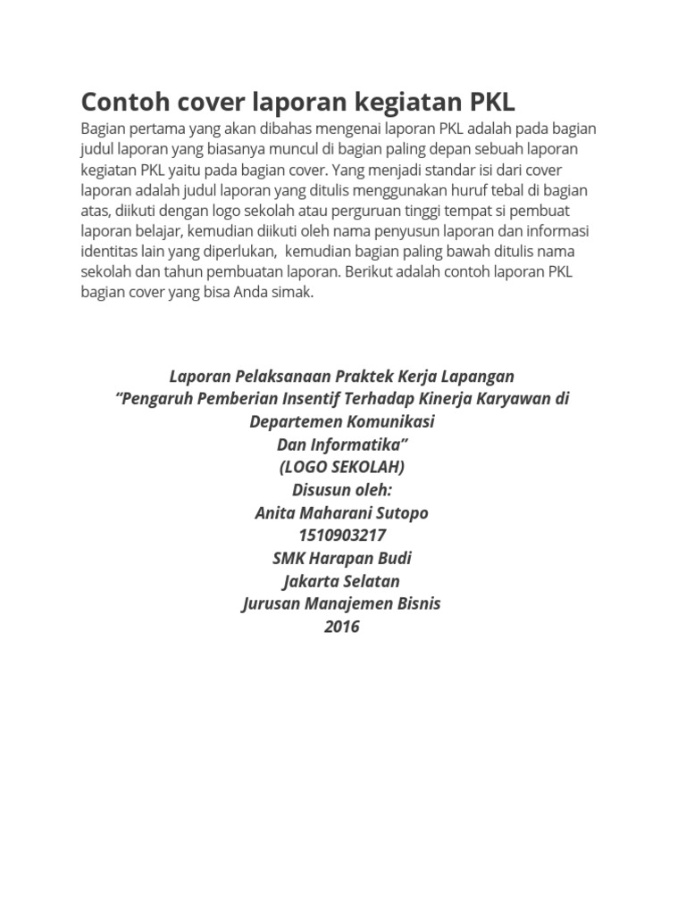 Contoh Cover Laporan Kegiatan PKL | PDF