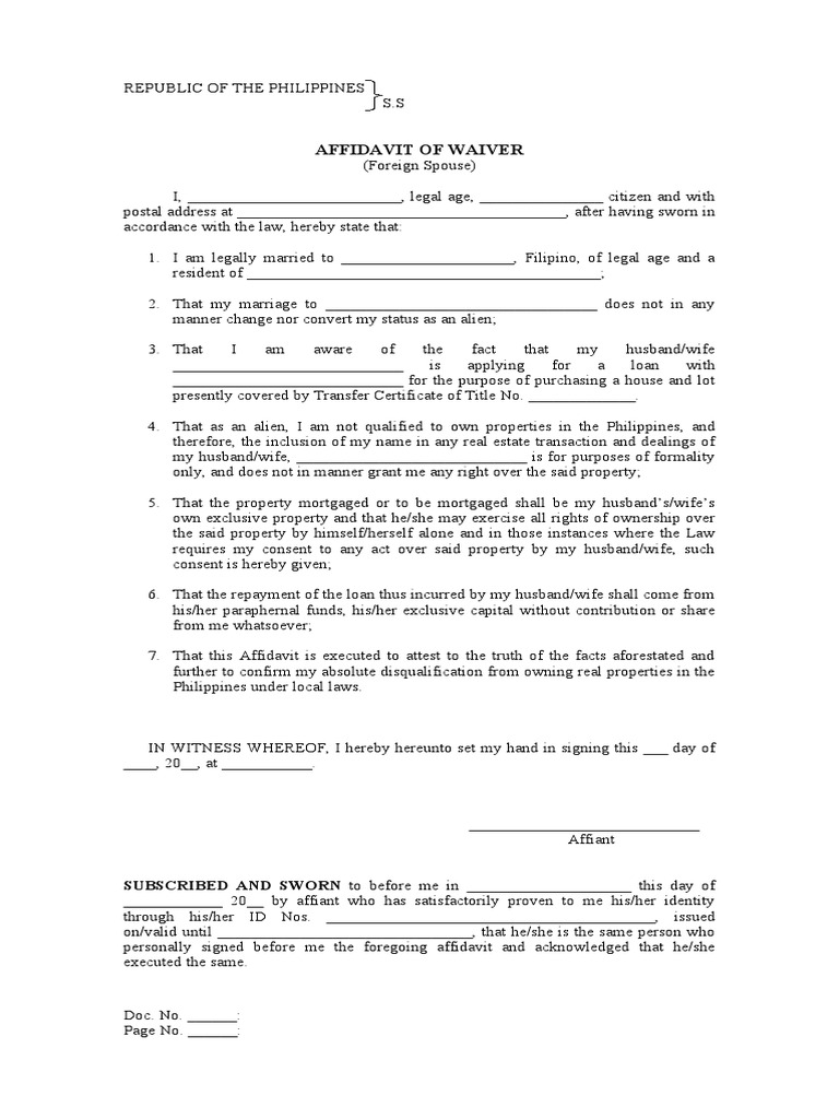 Affidavit of Waiver Foreigner Spouse | PDF