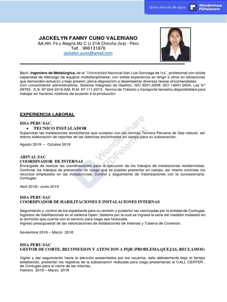 CV - CUNO VALERIANO JACKELYN - No | PDF | Perú