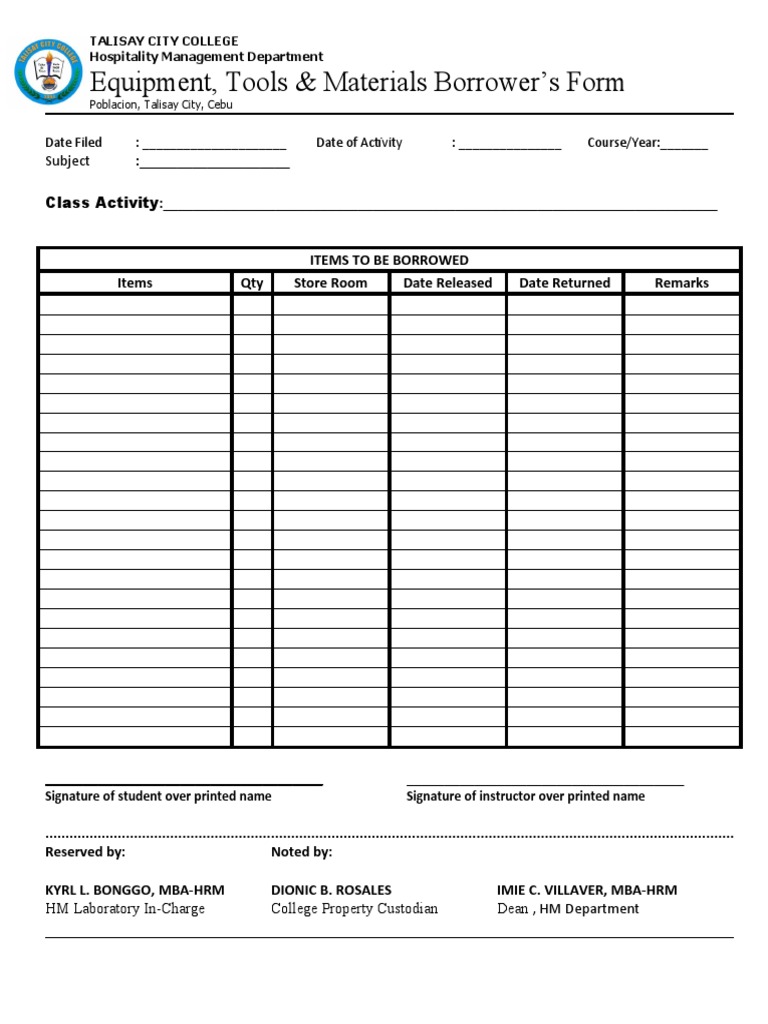 Equipment, Tools & Materials Borrower's Form | PDF