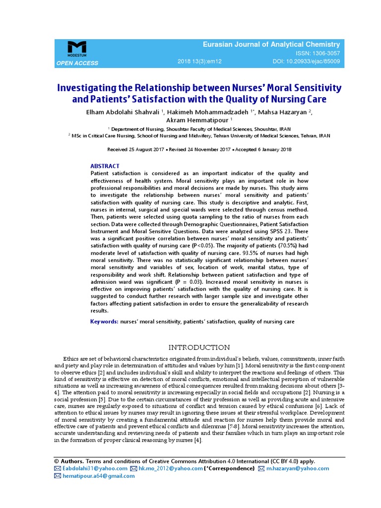 Investigating The Relationship Between Nurses Moral Sensitivity and Patient Satisfaction With ...