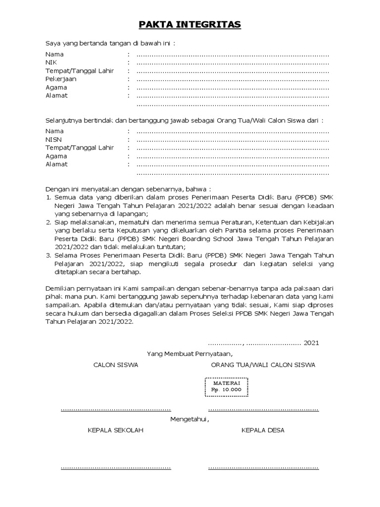(Format) Pakta Integritas PPDB 2021-2022 | PDF
