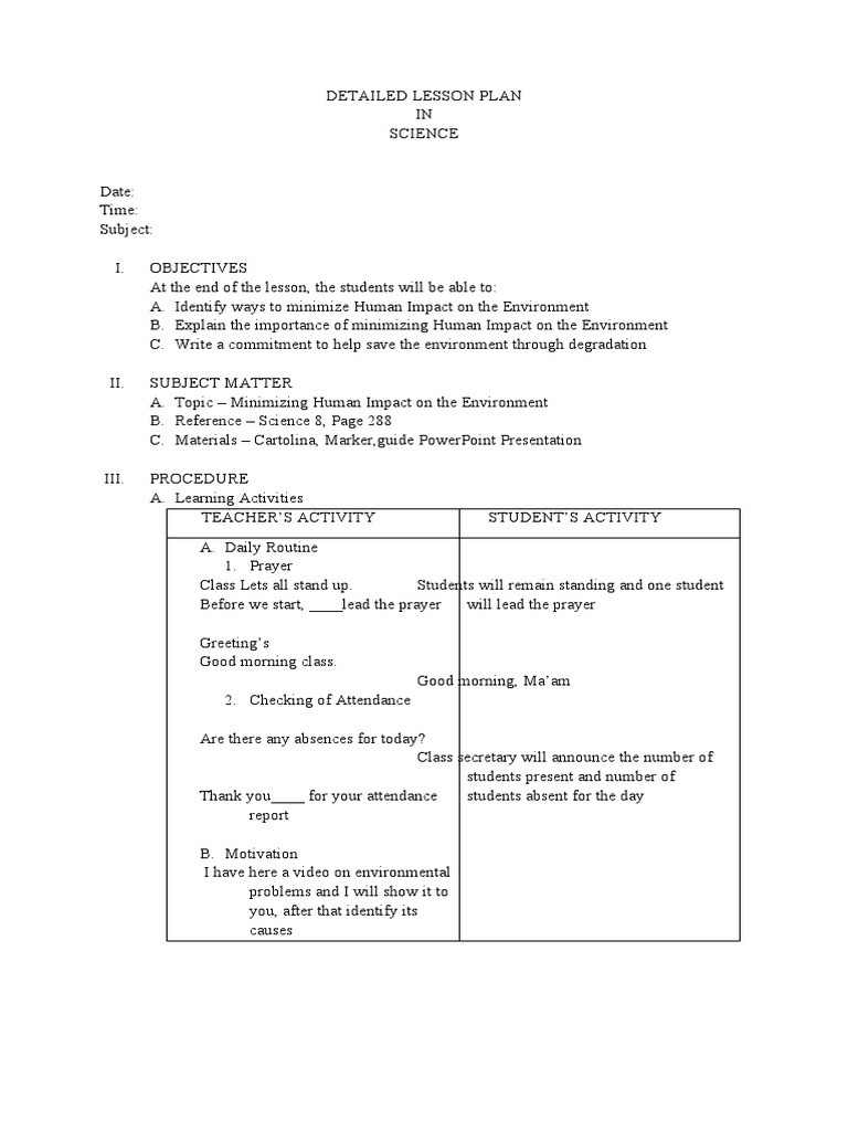 Detailed Lesson Plan | PDF | Lesson Plan | Human Impact On The Environment