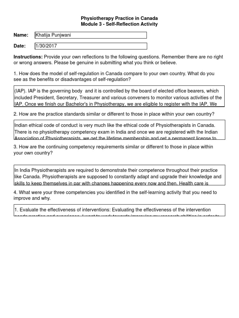 Module 3 Self Reflection Activity Khatija PDF | PDF | Physical Therapy ...