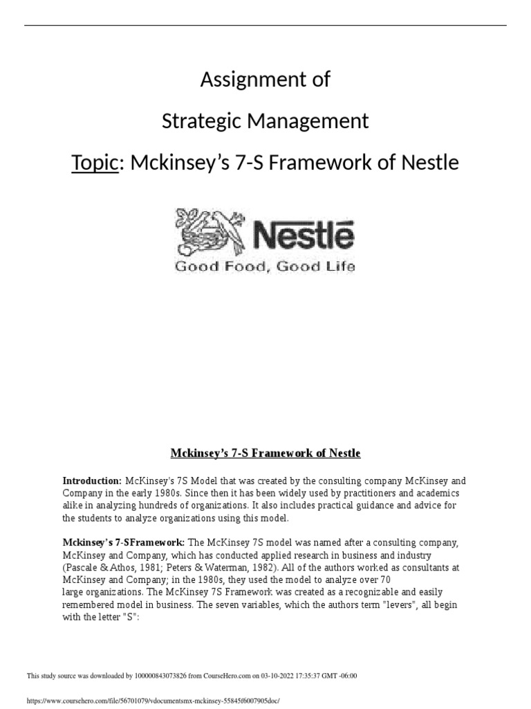 Assignment of Strategic Management Topic: Mckinsey's 7-S Framework of ...