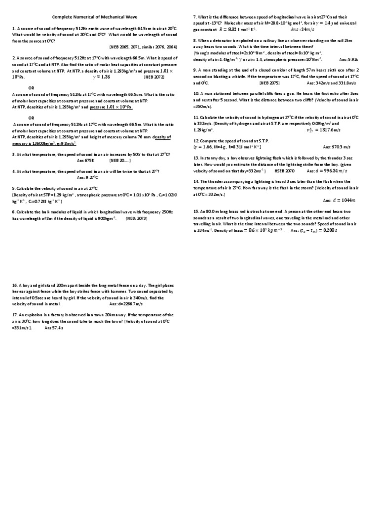 Complete Numerical of Mechanical Wave | PDF | Sound | Waves