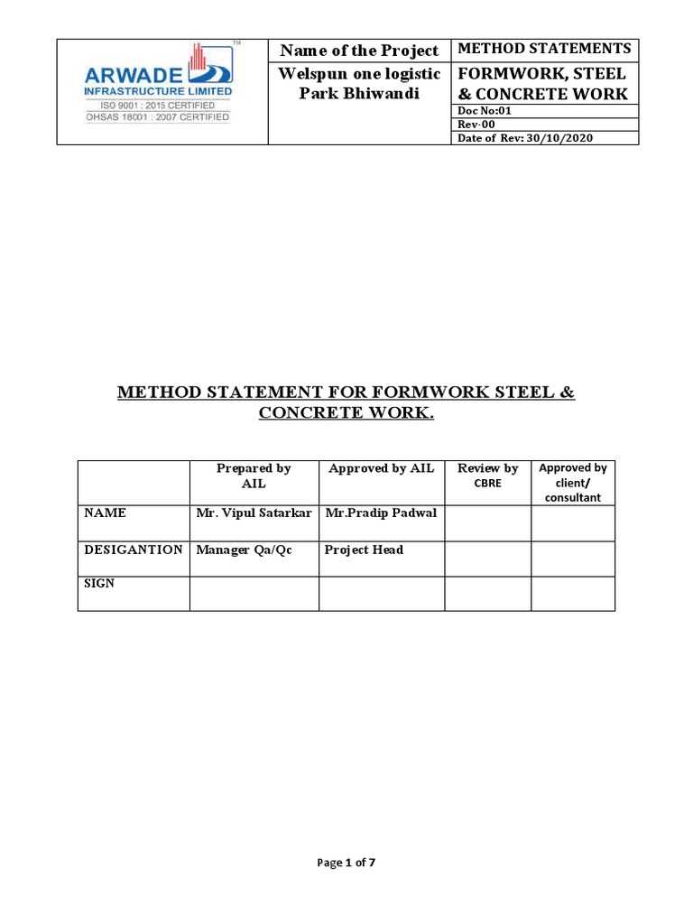Method Statement for Formwork & Concrete | PDF | Concrete | Scaffolding