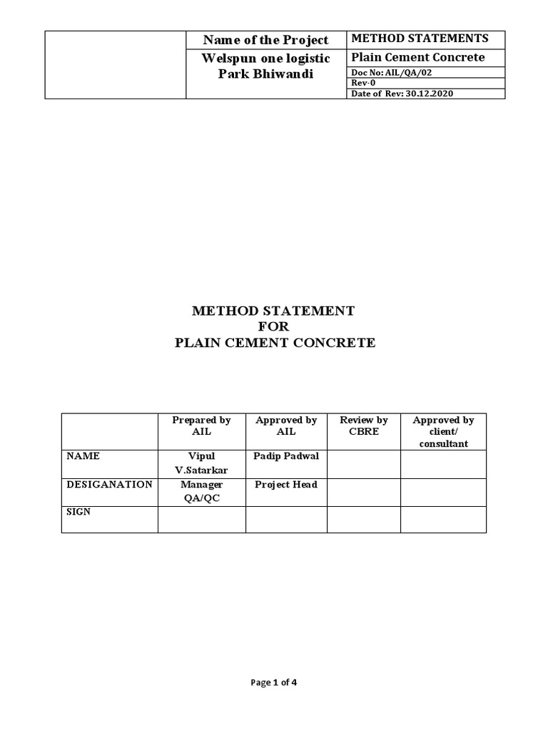 Method Statement for Plain Cement Concrete | PDF | Concrete | Civil ...