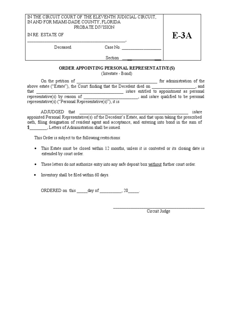 E3a - Order Appointing Personal Representative(s) - Intestate-Bond | PDF