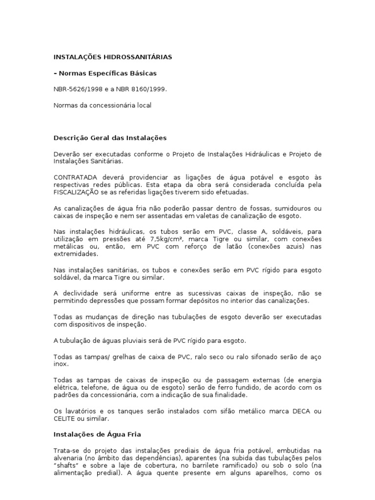 Memorial Descritivo Hidro Sanitário | PDF | Águas residuais | Pressão