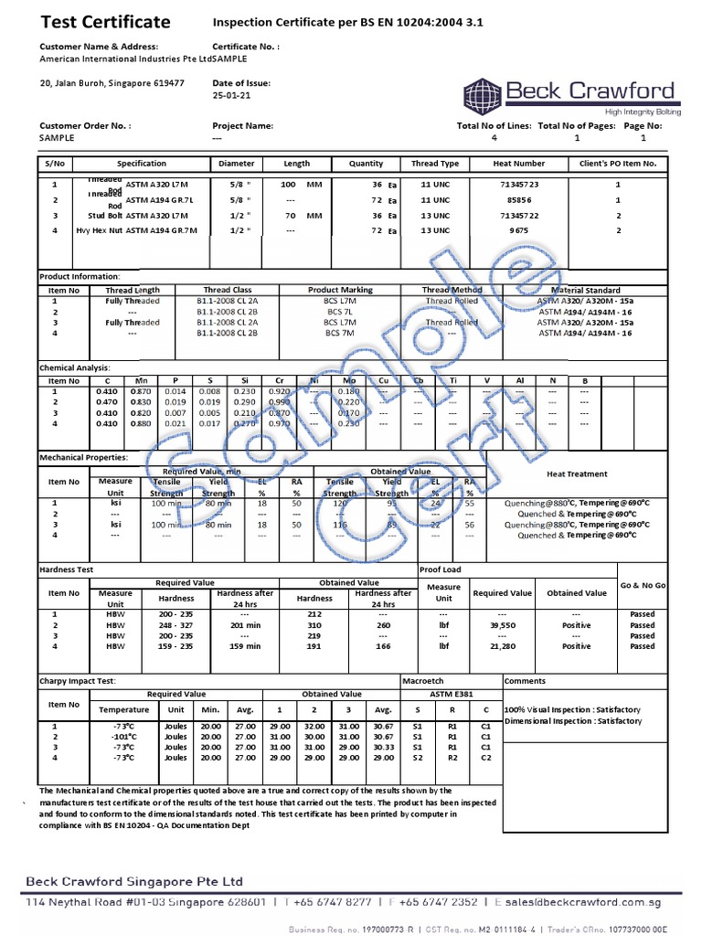 7) Bolt & Nut Sample MTC 3.1 - AII | PDF | Strength Of Materials | Screw
