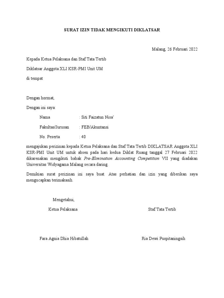 Surat Izin Absen Diklatsar KSR-PMI | PDF