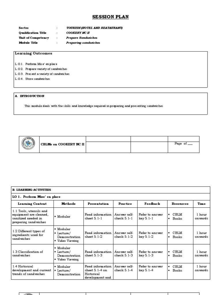 Salgie Sernal - Session Plan Cookery NC Ii | PDF | Lecture | Behavior ...