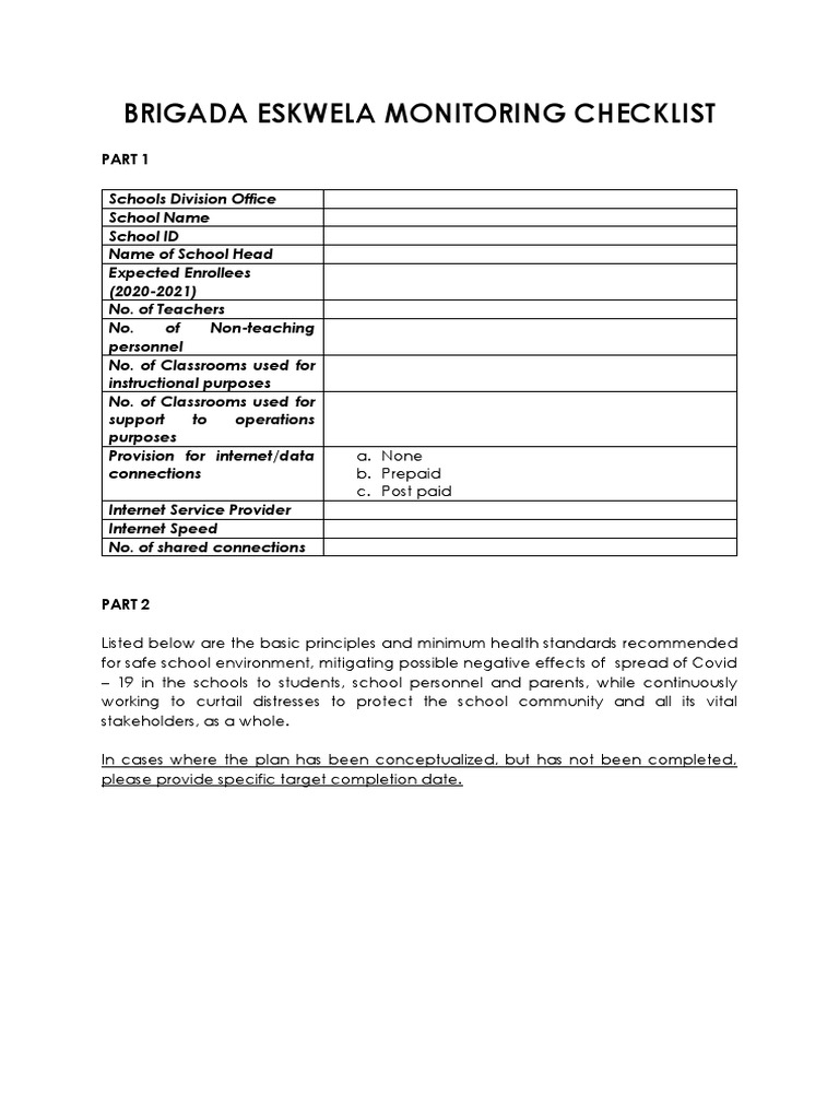 Brigada Eskwela Monitoring Checklist | PDF | Wash | Schools