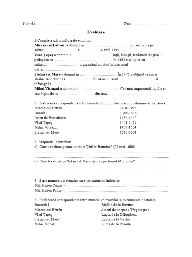 Test de Evaluare Domnitori | PDF