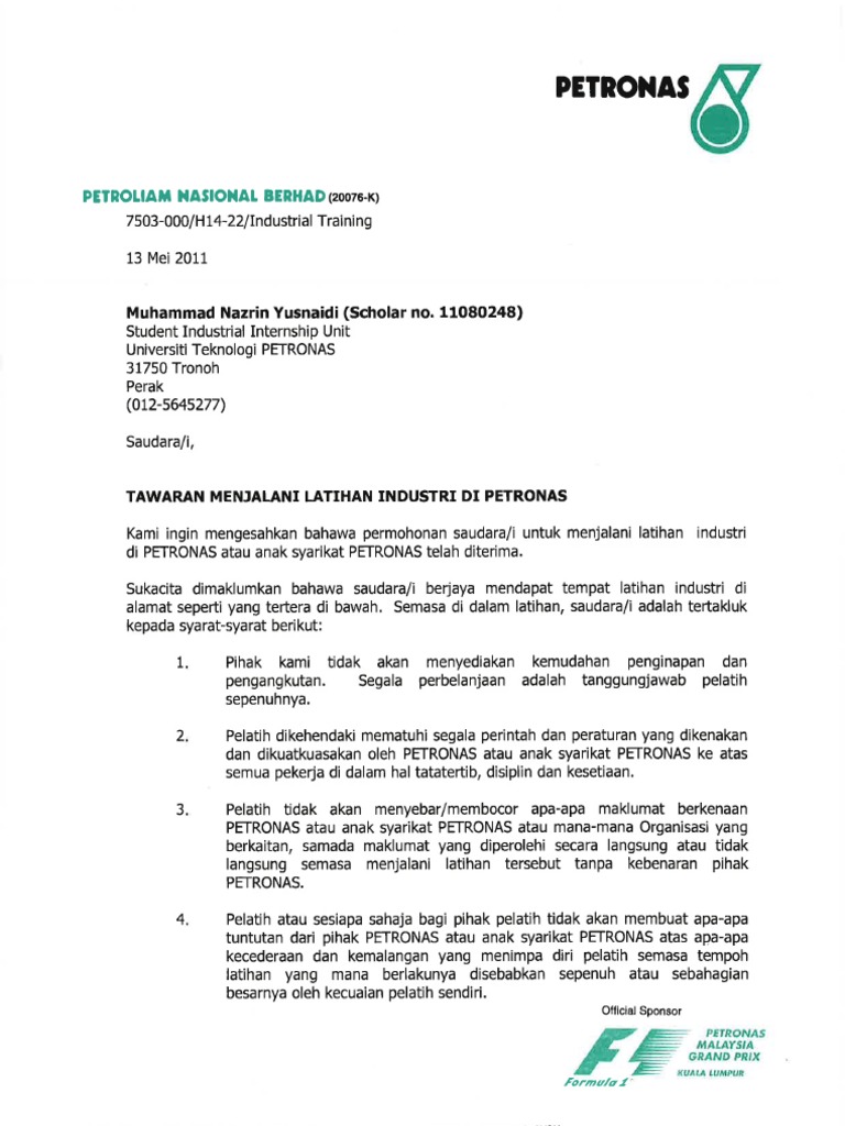 PETRONAS Carigali Offer Letter (Internship) | PDF