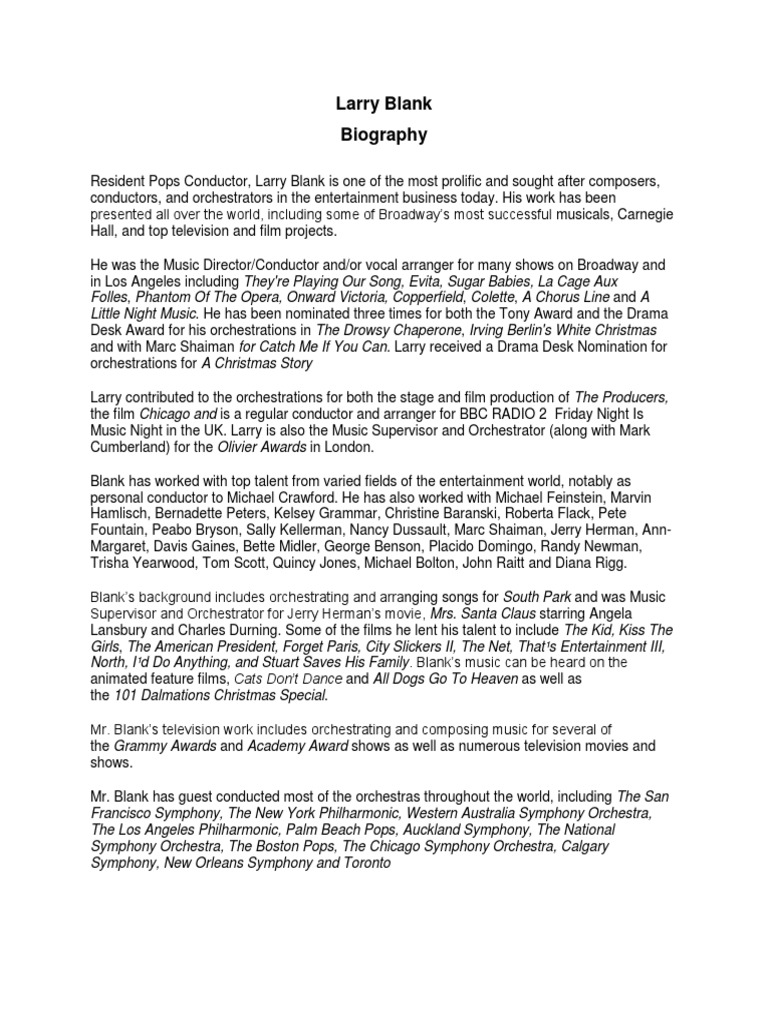 Larry Blank Biography | PDF | Performing Arts