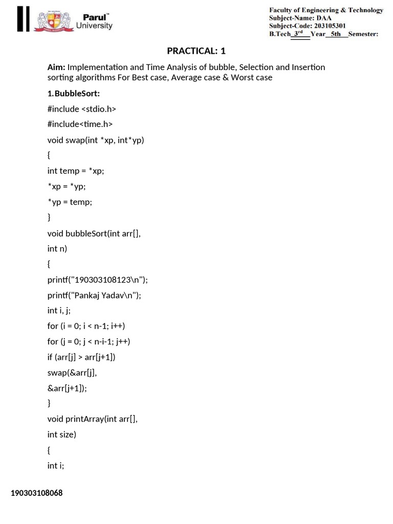 Practical: 1: Aim: Implementation and Time Analysis of Bubble, Selection and Insertion ...