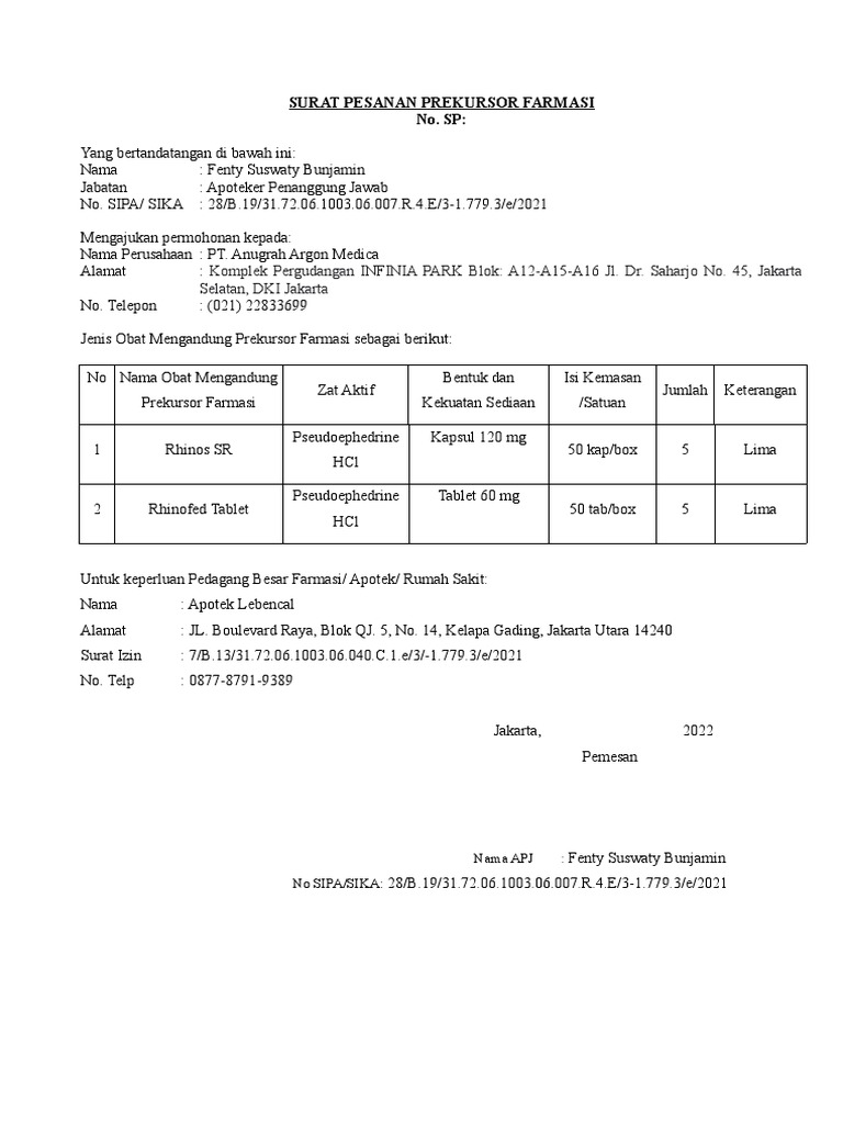 Surat Pesanan Prekursor Farmasi 2022 | PDF