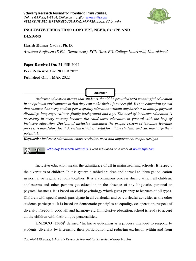 Inclusive Education: Concept, Need, Scope and Designs | PDF | Inclusion ...