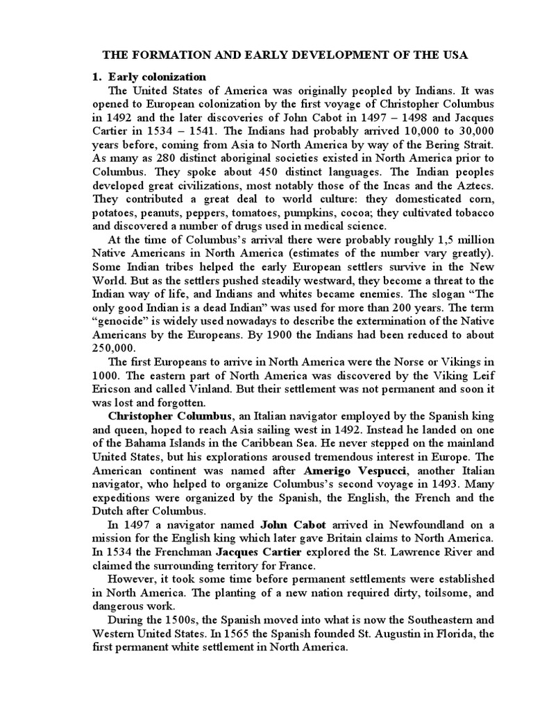 The Formation and Early Development of The Usa 1. Early Colonization ...