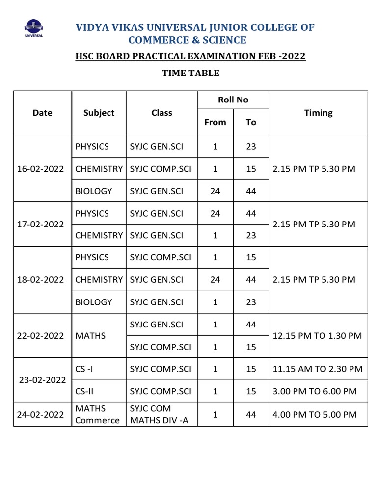 HSC Board Exam Practical Time Table | PDF