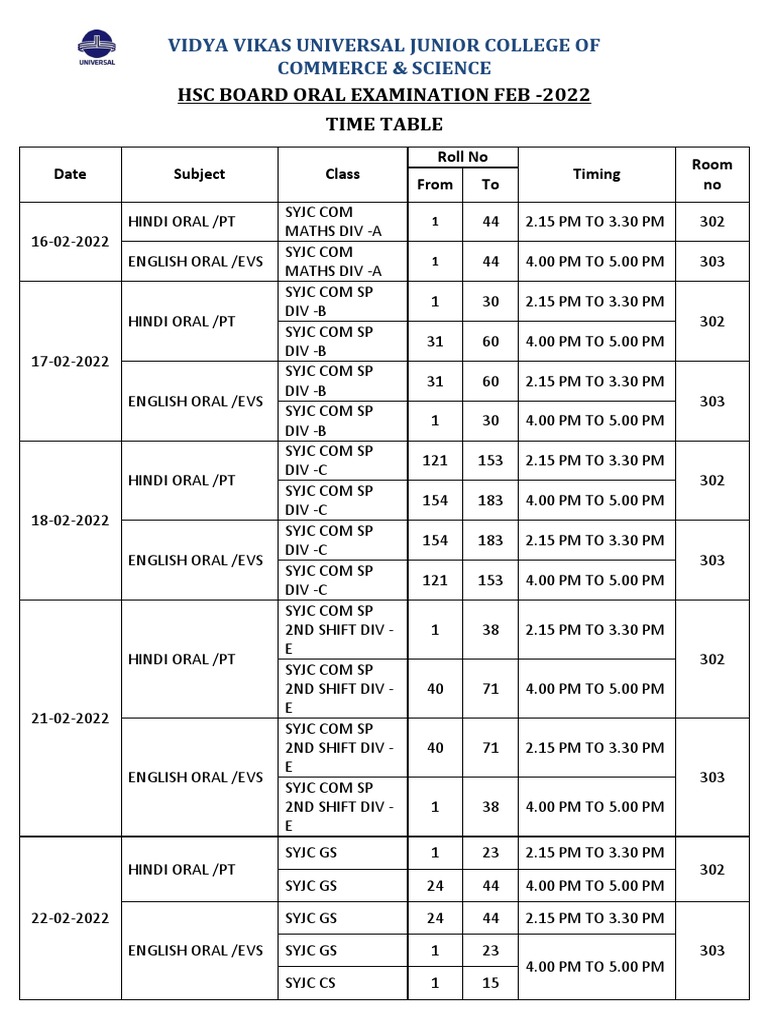 HSC Board Exam Oral Time Table | PDF | Educational Assessment And ...