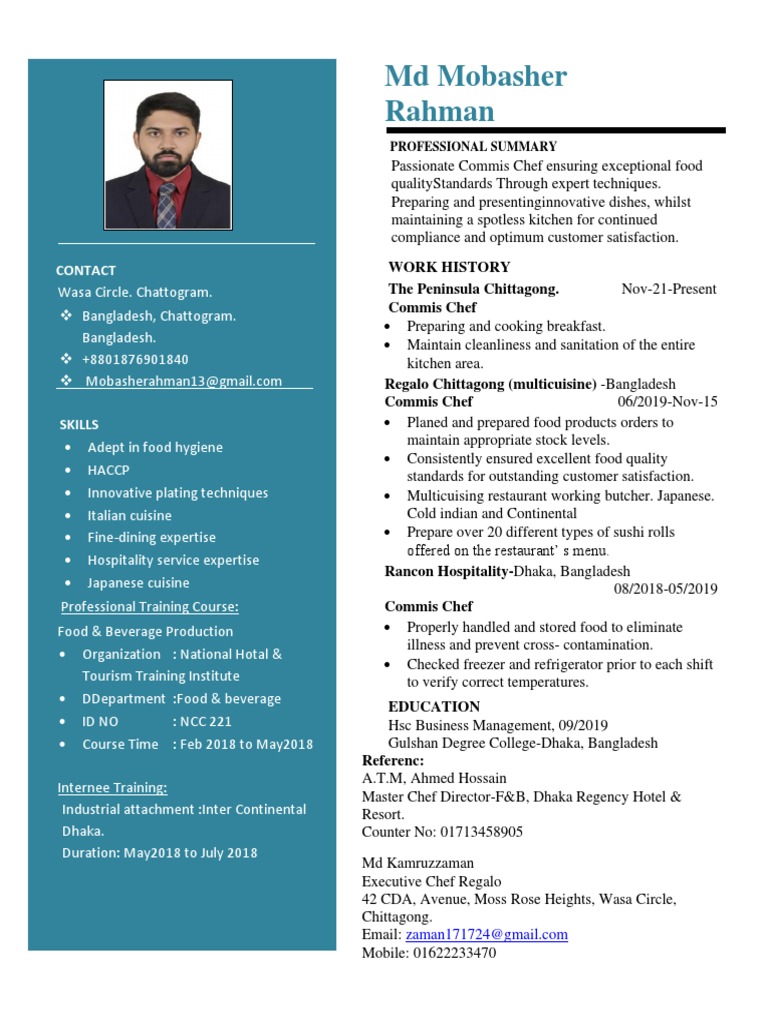 MD Mobasher Rahman: Contact | PDF | Chef | Foods