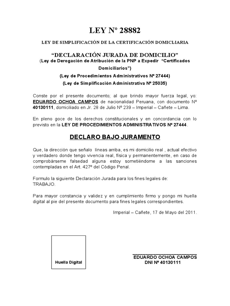 certificado LEY Nº 28882