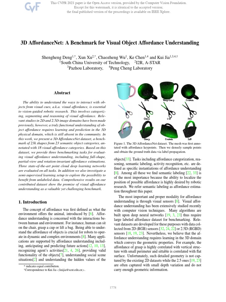 3D Affordancenet: A Benchmark For Visual Object Affordance ...