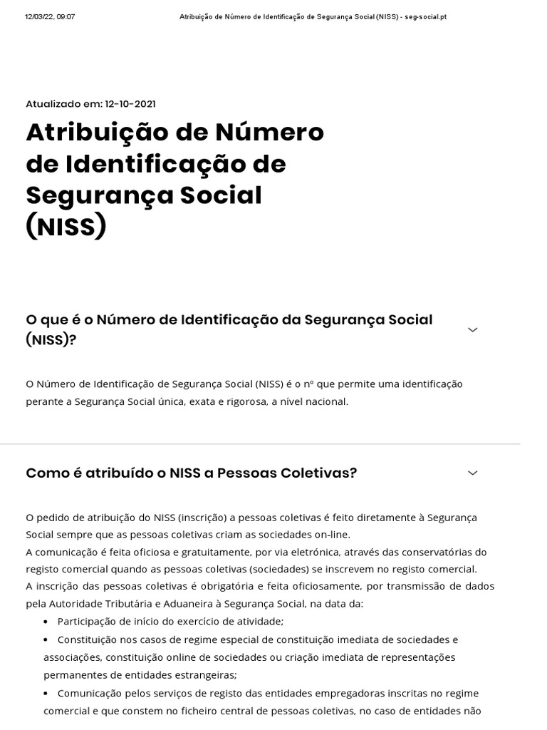 Atribuição de Número de Identificação de Segurança Social (NISS) - Seg ...