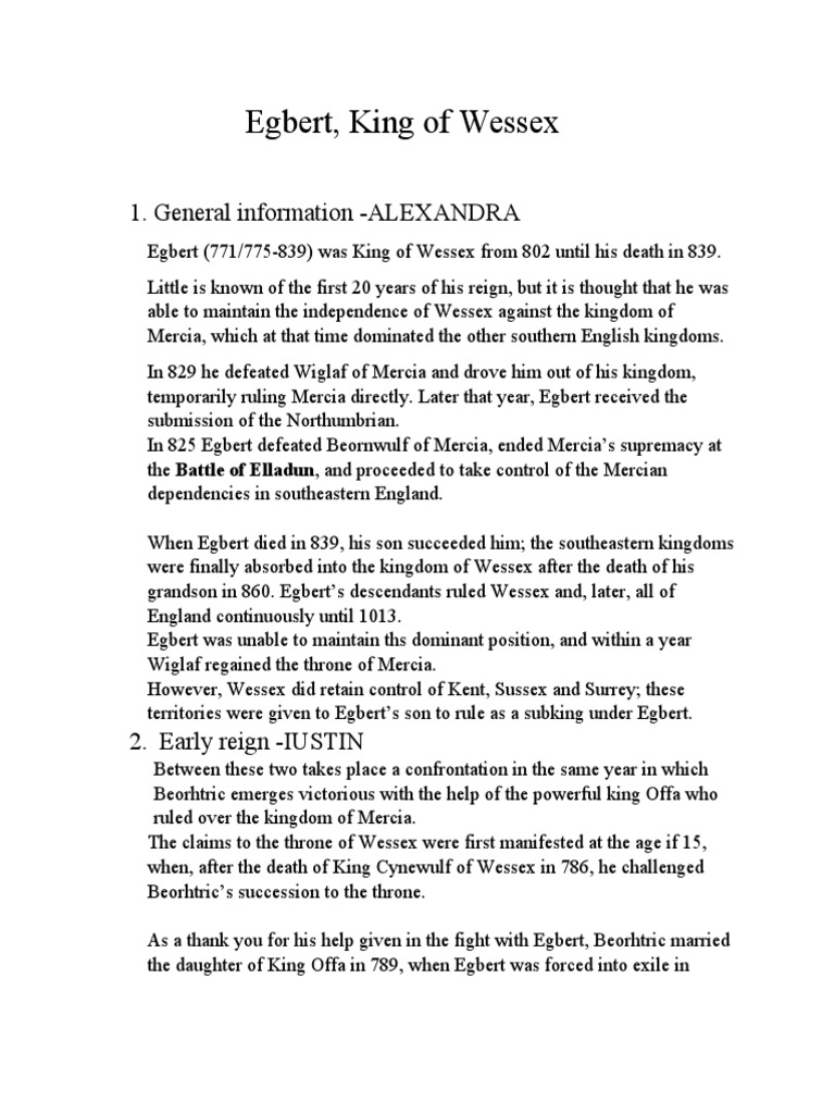 Egbert, King of Wessex: 1. General Information - ALEXANDRA | PDF ...