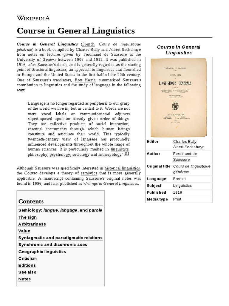 Course in General Linguistics (French: Cours de Linguistique | PDF ...