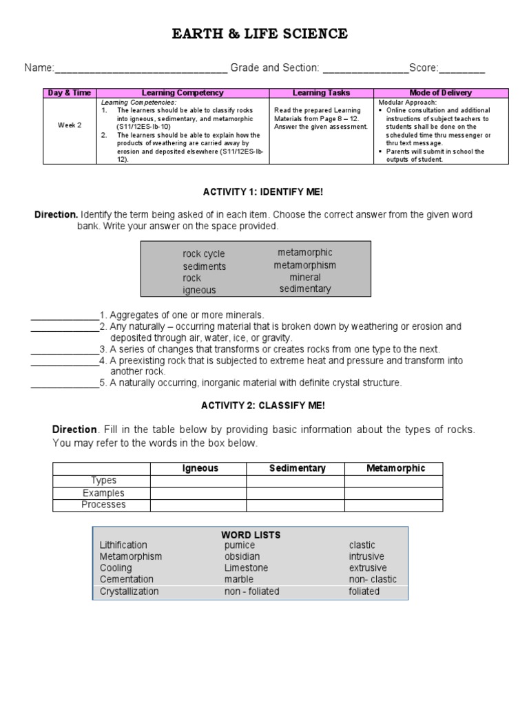Earth and Life Science Week 2 | PDF | Rock (Geology) | Sedimentary Rock