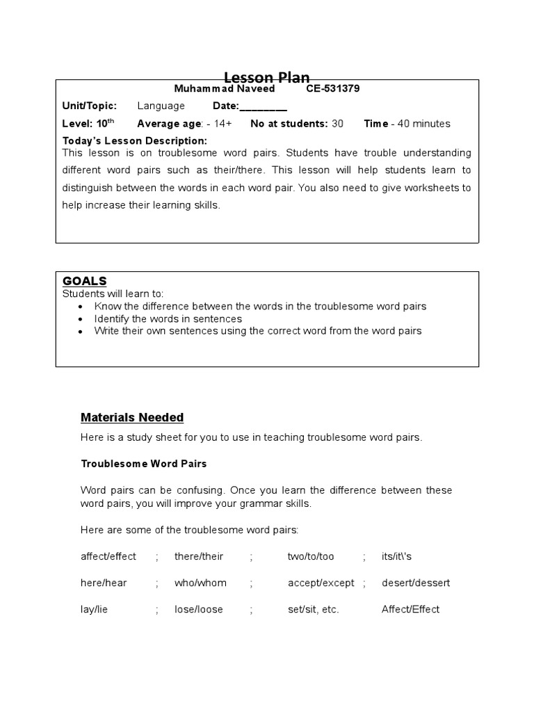 Lesson Plan 2 Pair of Words | PDF | Word | Lesson Plan
