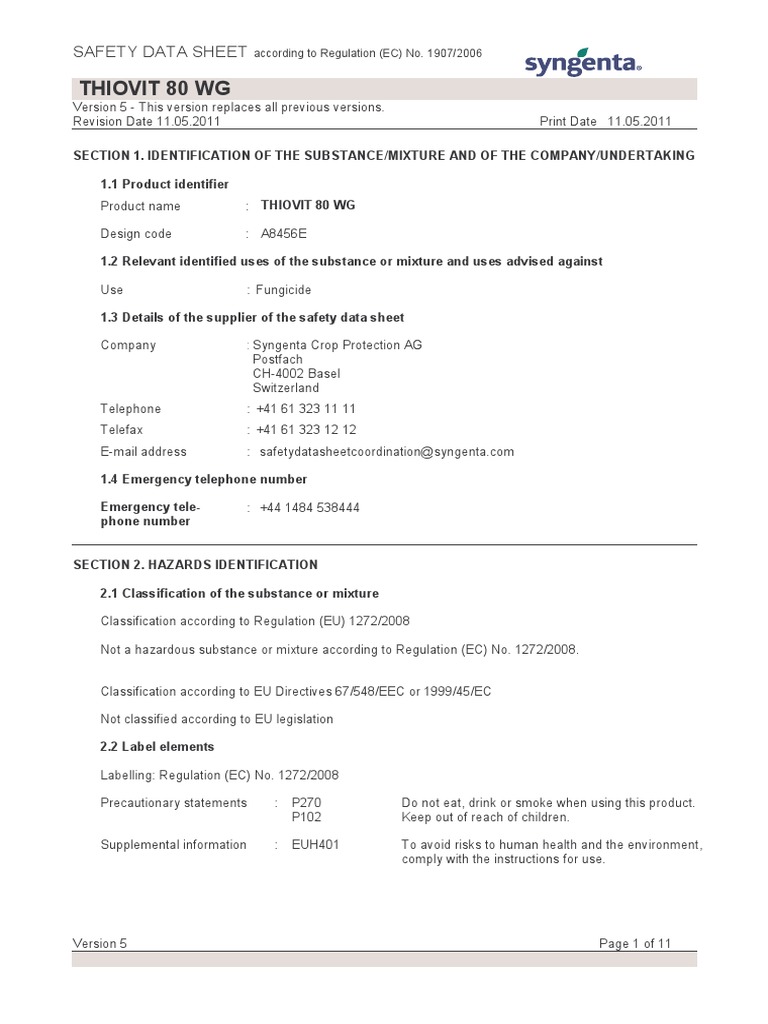 Sulphur 80 WG | PDF | Dangerous Goods | Toxicity