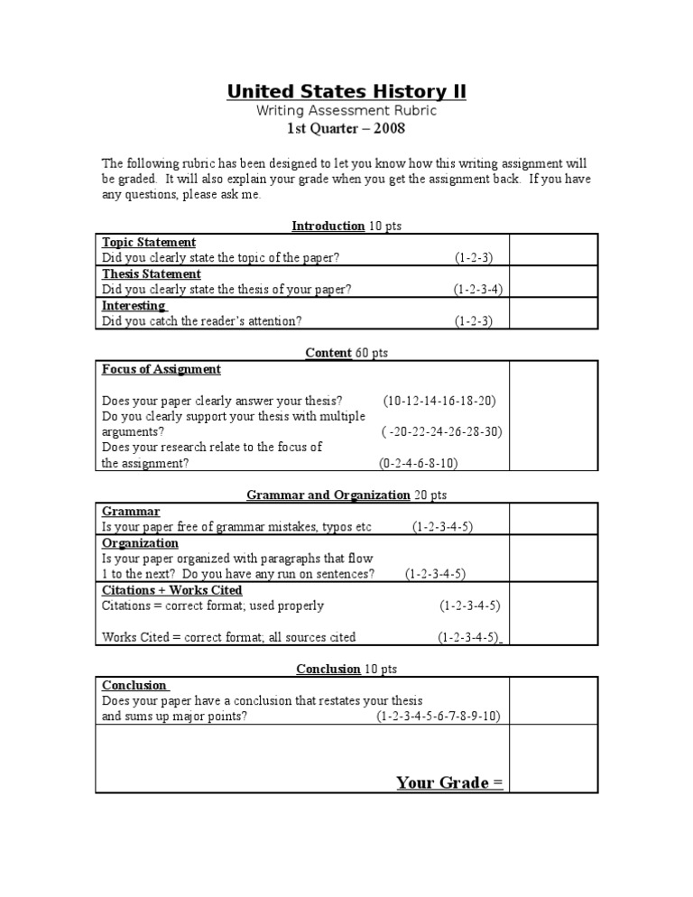 United States History II Writing Rubric | PDF