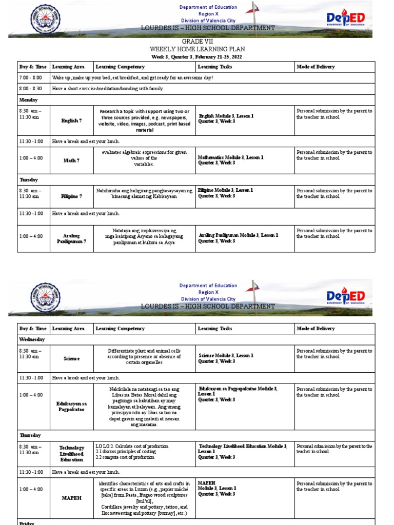 Grade 7 Weekly Learning Plan Q3 | PDF | Science