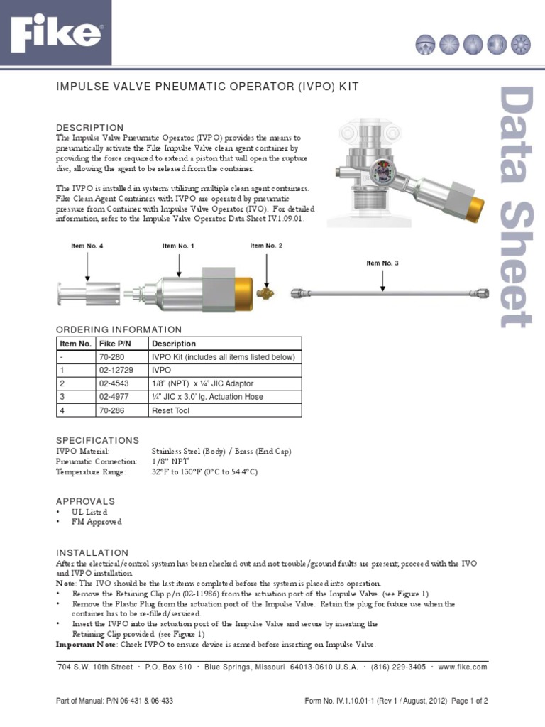Impulse Valve Pneumatic Operator (Ivpo) Kit: Item No. Fike P/N ...