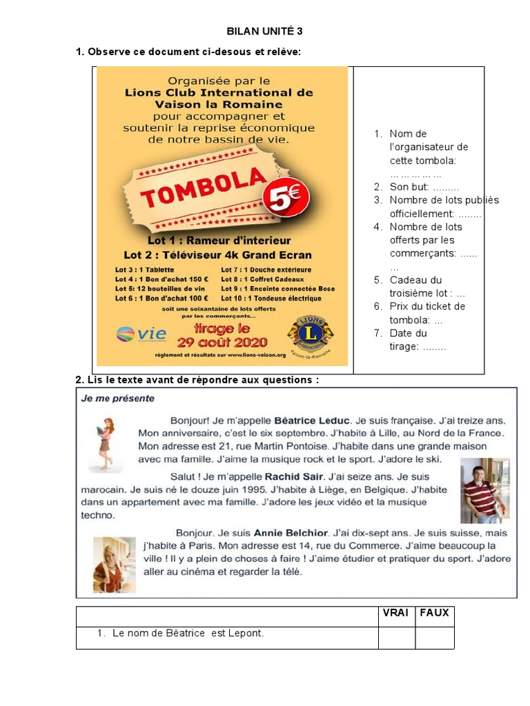 Bilan Unité 3 | PDF | Jeux et activités | Art