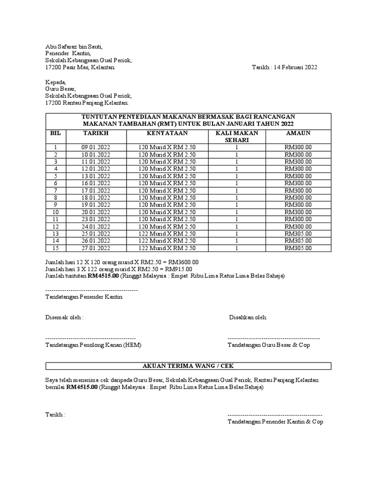 Borang Pesanan Mingguan RMT 2022 | PDF
