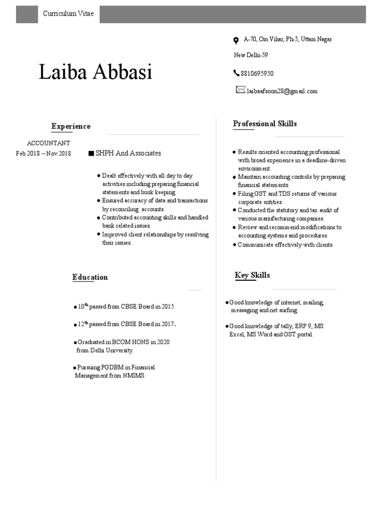 Laiba Abbasi: Professional Skills Experience | Descargar gratis PDF | Accounting | Business