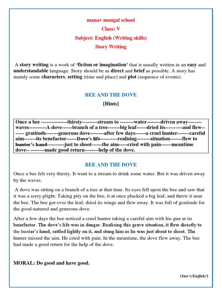 Manav Mangal School Class: V Subject: English (Writing Skills) Story ...