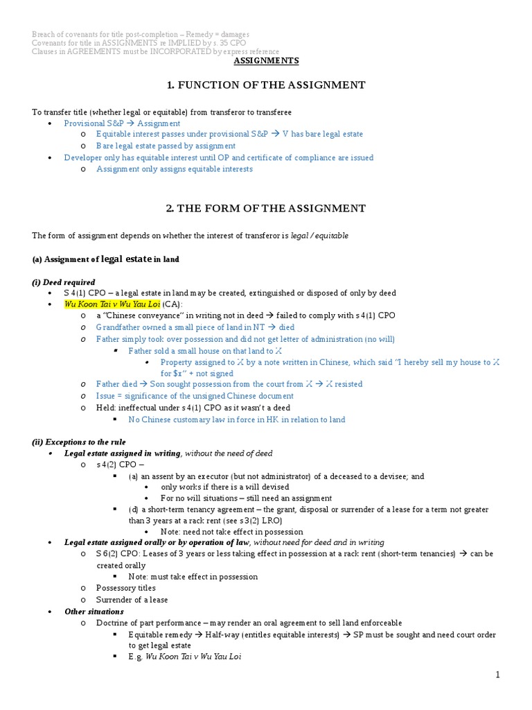 Function of The Assignment: Legal Estate | PDF | Assignment (Law ...