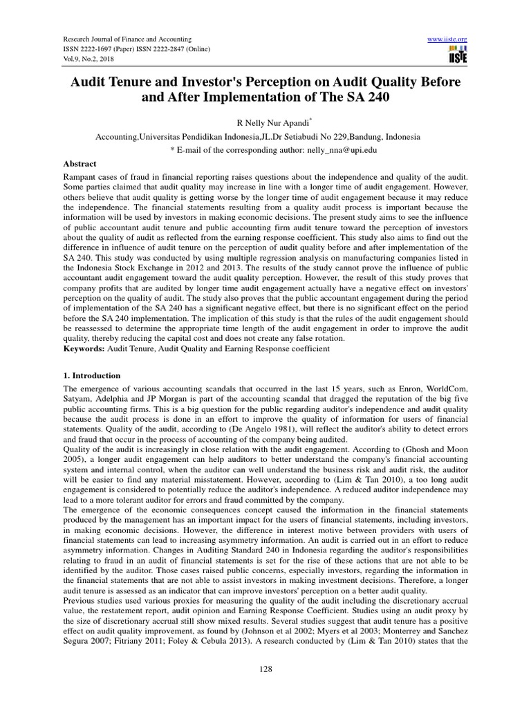 Audit Tenure and Investor's Perception On Audit Quality Before and After Implementation of The ...