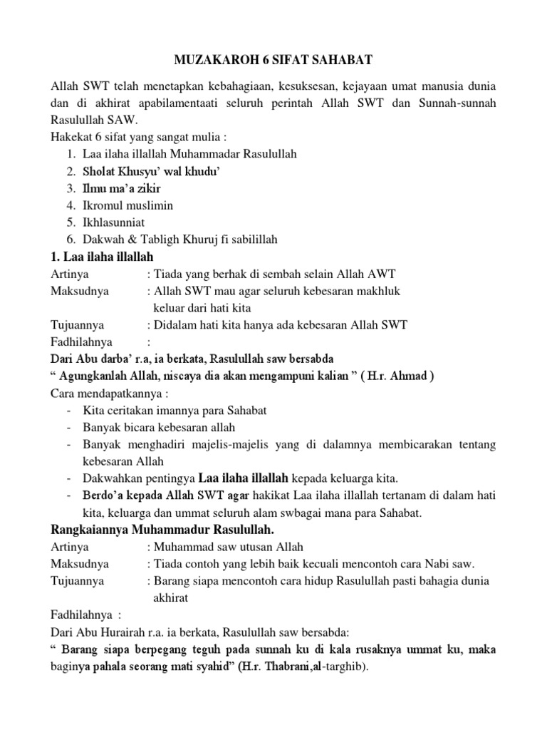 Muzakaroh 6 Sifat Sahabat | PDF | Pengembangan Diri | Agama & Spiritualitas
