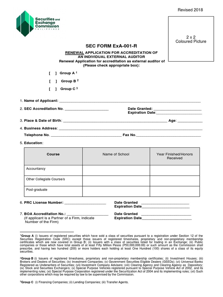 Sec Form Exa-001-R: Revised 2018 | PDF | Securities (Finance) | Business